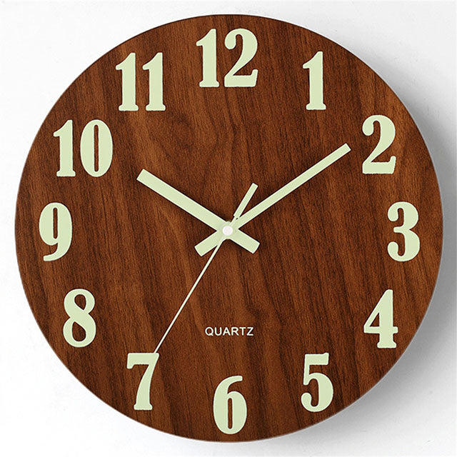 12-Inch Wooden Wall Clock – Glow-in-the-Dark Silent Quartz Movement MD